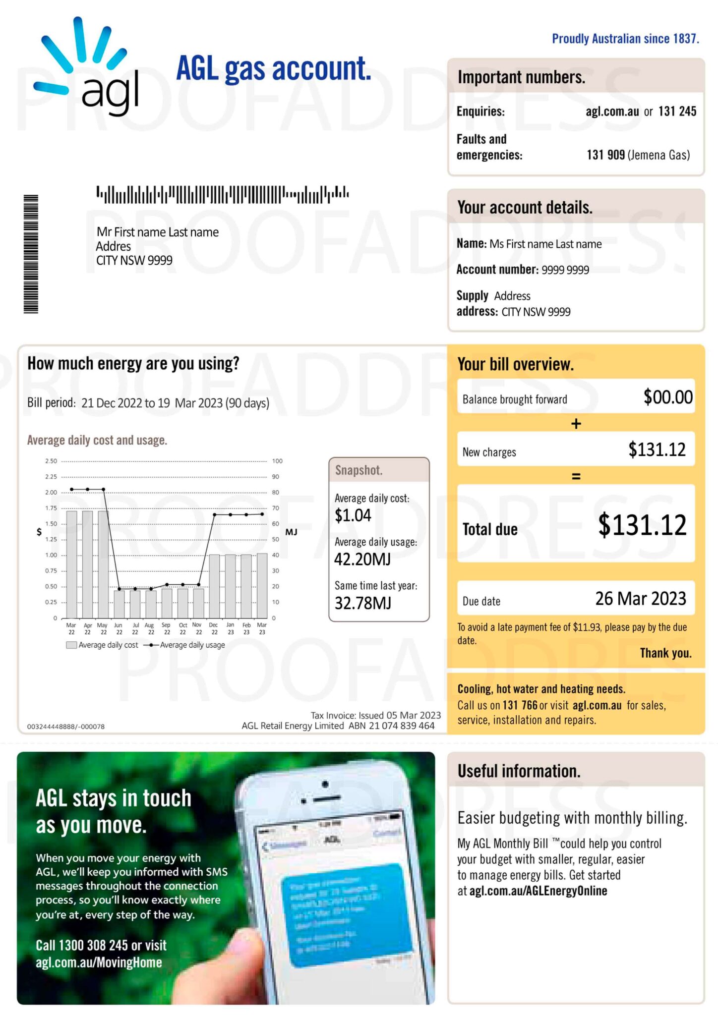 Order utility bill AGL Gas Instant Delivery Custom info