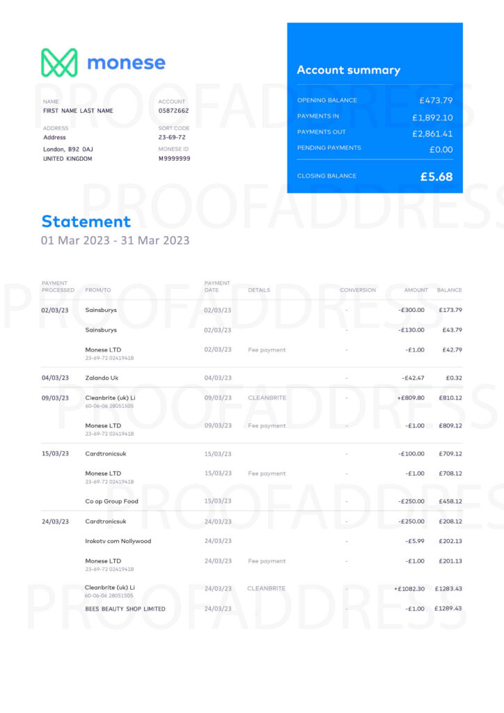 Order bank statement Cashplus Instant Delivery Custom info