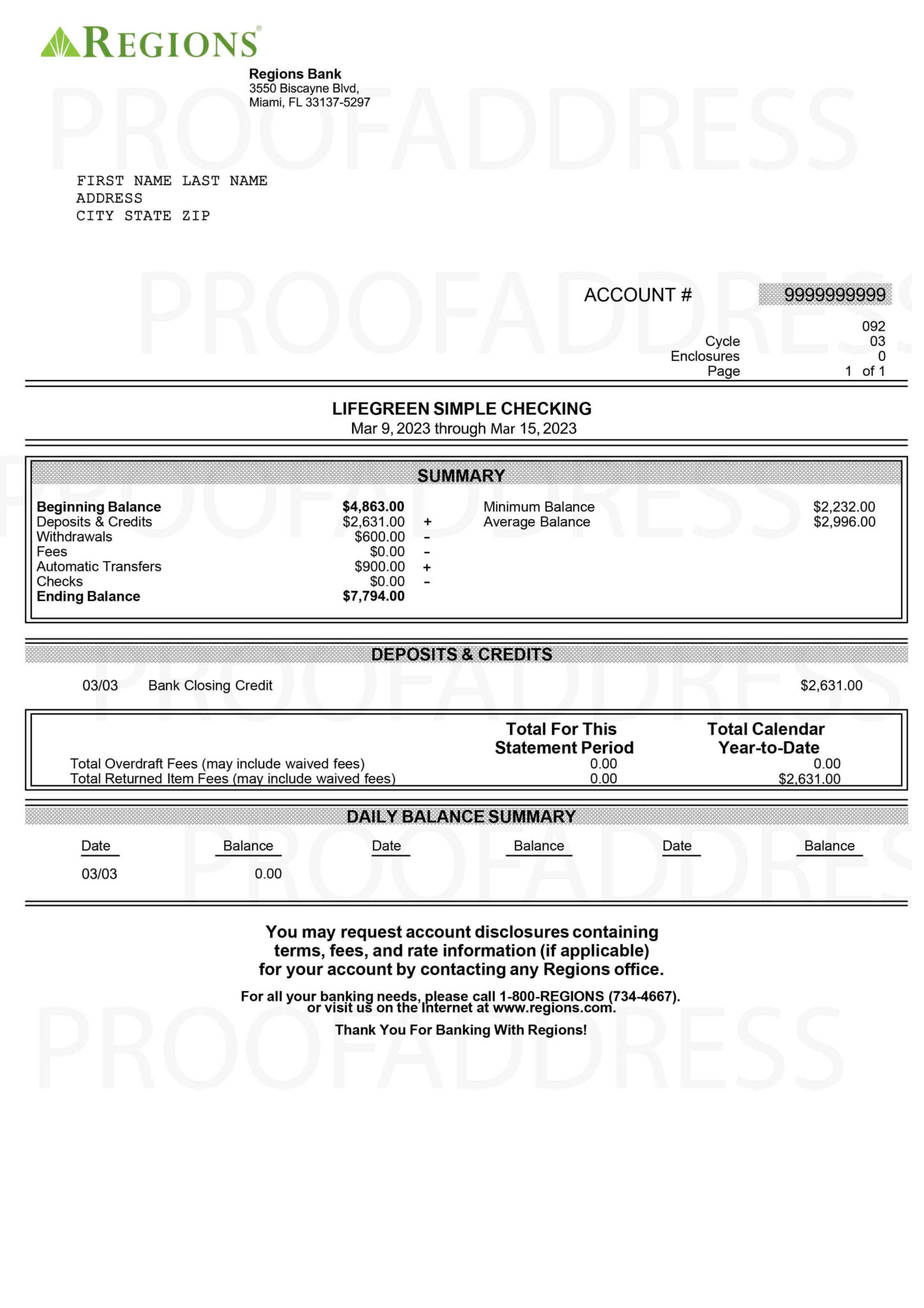 Order statement Regions bank Instant Delivery Custom info