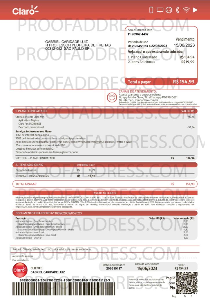 Editing utility bill Claro Instant Delivery Custom info