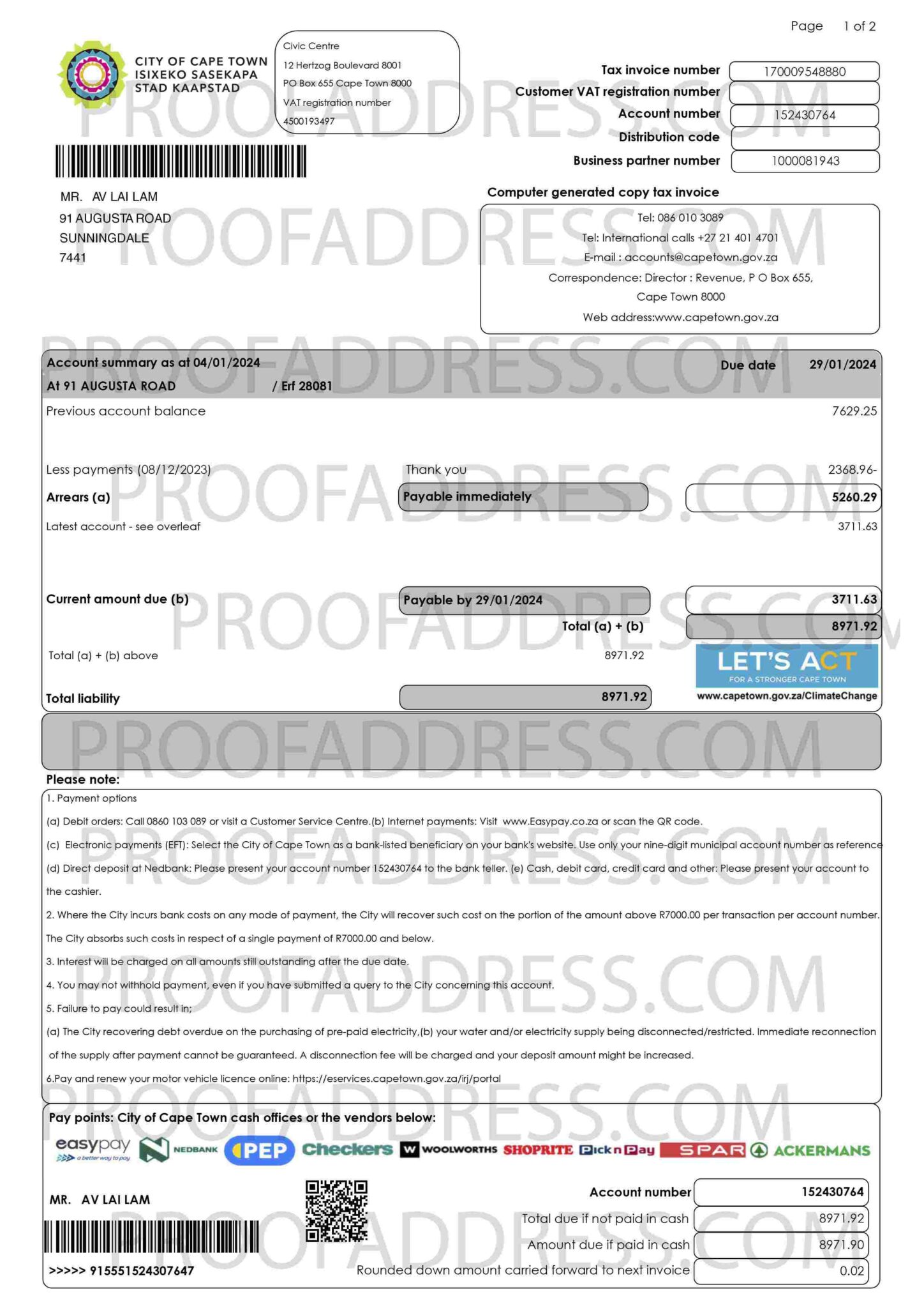 Order Editing utility bill City of Cape Town Instant Delivery Custom info