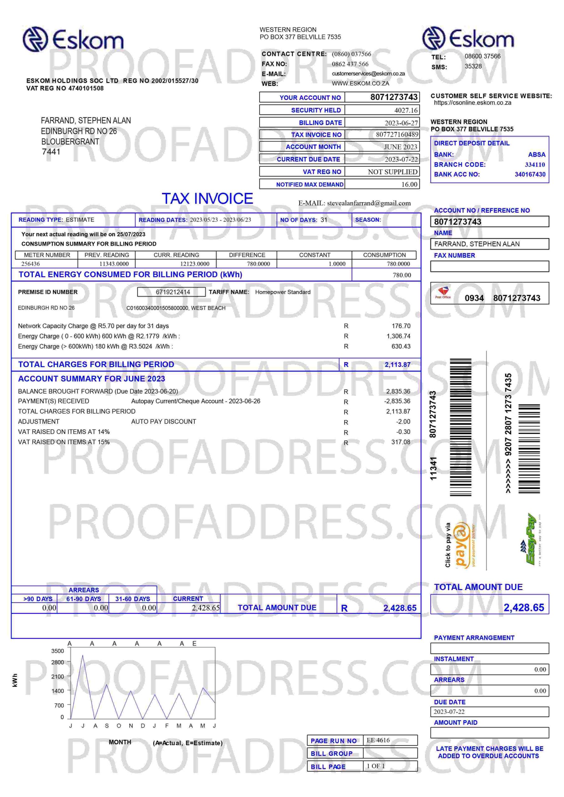 Order Editing utility bill Eskom Instant Delivery Custom info