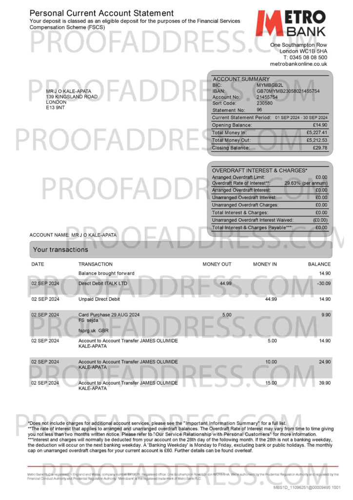 Order Editing utility bill Metro Bank Instant Delivery Custom info