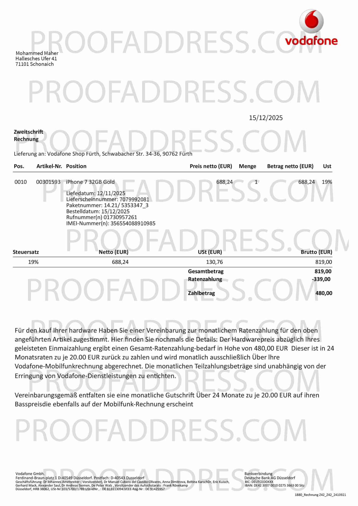 Order Editing utility bill Vodafone Instant Delivery Custom info